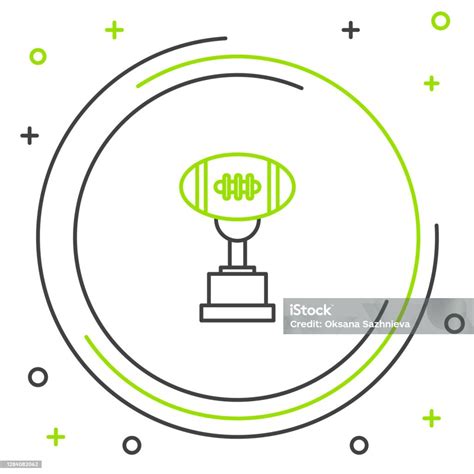 흰색 배경에 고립 된 블랙 과 그린 라인 어워드 컵과 미식 축구 공 아이콘 우승자 트로피 기호 챔피언십 또는 경쟁 트로피 다채로운 개요 개념 벡터 일러스트레이션 1위에 대한