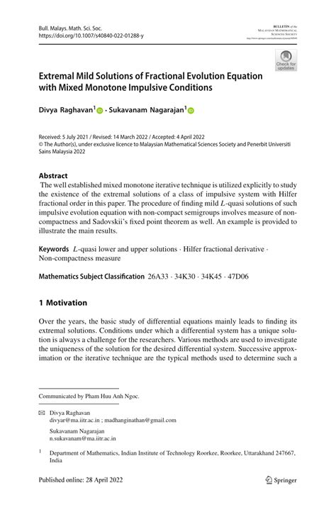 Pdf Extremal Mild Solutions For Hilfer Fractional Evolution Equation With Mixed Monotone