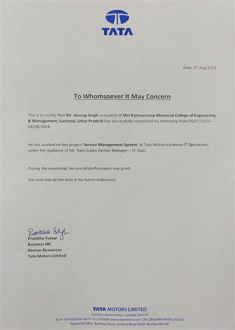 Anurag Singh On Linkedin Internship Tatamotors Backenddevelopment Servicemanagement Gratitude