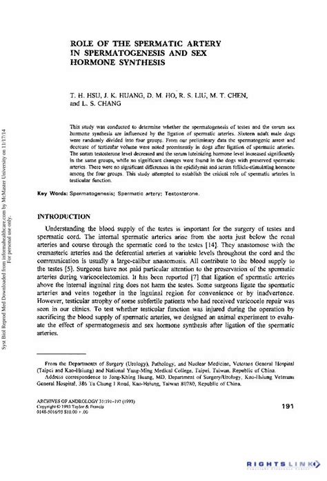 Pdf Role Of The Spermatic Artery In Spermatogenesis And Sex Hormone
