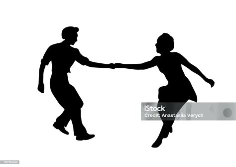 빈티지 복고풍 스윙 재즈 파티에 커플 실루엣이 분리되었습니다 40 대 또는 50 년대 스타일의 사람들이 로커빌리 찰스턴 재즈 린디 홉 또는 부기 우기 춤을 추고 있습니다