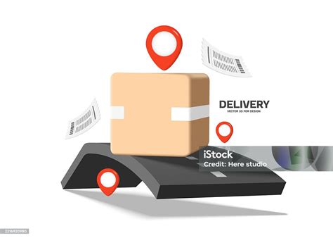 온라인 쇼핑 및 배달 개념 소포 상자 또는 골판지 상자는 고객의 위치를 표시하는 핀과 함께 고객에게 상품을 배달하기 위해 도로 또는 경로에 배치 벡터 3d 절연 3차원