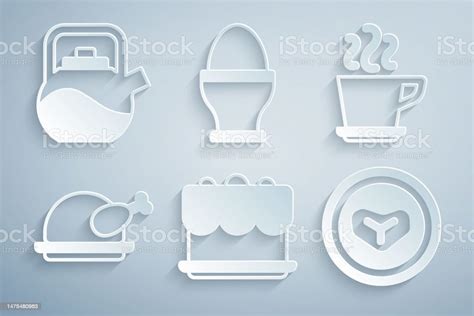 케이크 커피 컵 구운 칠면조 또는 닭고기 접시에 스테이크 고기 닭고기 달걀 스탠드 및 손잡이 아이콘이있는 주전자를 설정합니다 벡터 3차원 형태에 대한 스톡 벡터 아트 및