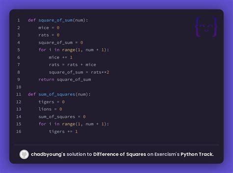 Chadbyoungs Solution For Difference Of Squares In Python On Exercism