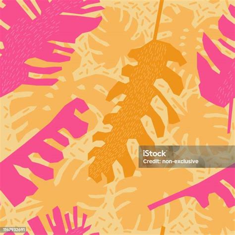 노란색 및 분홍색 몬스 테라와 야자수 잎 벡터 정글 완벽 한 패턴입니다 벽지 직물 인쇄 카드 포장을 위한 현대 배경 0명에 대한 스톡 벡터 아트 및 기타 이미지 Istock