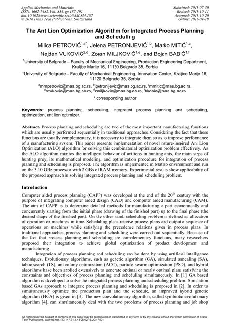 Pdf The Ant Lion Optimization Algorithm For Integrated Process Planning And Scheduling