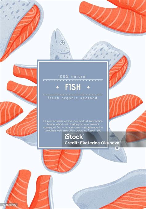 신선한 맛있는 연어 필레 바다 물고기 벡터 텍스트 공간이있는 손으로 그린 포스터 디자인 건강한 식생활에 대한 스톡 벡터 아트 및 기타 이미지 건강한 식생활 고기