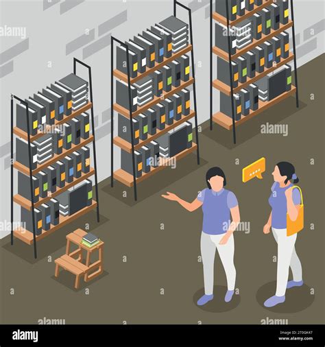 Female Shop Assistant Helping Customer Choose Book In Store Isometric Background Vector