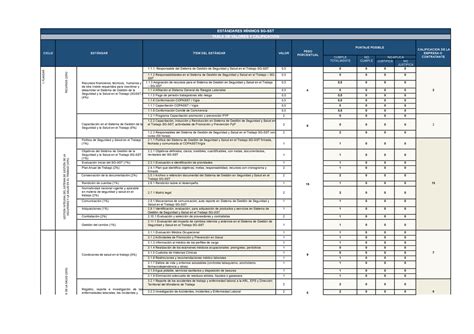 Tabla De Valores Y Calificación Sgsst EstÁndares MÍnimos Sg Sst Tabla