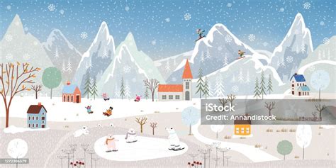 겨울 풍경 북극곰이 아이스 스케이트를 치는 마을의 벡터 겨울 원더랜드 배너 공원에서 썰매를 타는 행복한 아이들 산에서 스키를 타는 커플 메리 크리스마스 배경 겨울에 대한