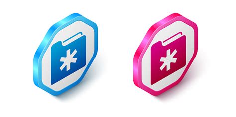 아이소 메트릭 의료 건강 기록 폴더 건강 관리 아이콘은 흰색 배경에 분리되어 있습니다 환자 파일 아이콘입니다 병력 기호입니다 육각 버튼 벡터 3차원 형태에 대한 스톡 벡터