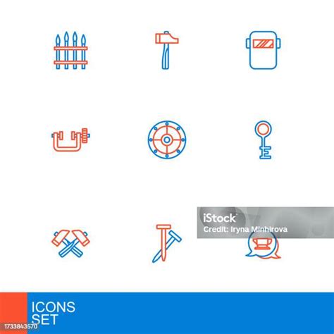 세트 라인 대장장이 모루 도구 금속 못 교차 망치 오래된 키 클램프 및 나사 원형 방패 용접 마스크 및 망치 아이콘 벡터 강철에 대한 스톡 벡터 아트 및 기타 이미지