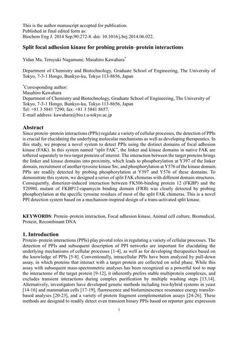 Pdf Split Focal Adhesion Kinase For Probing Protein Protein Interactions