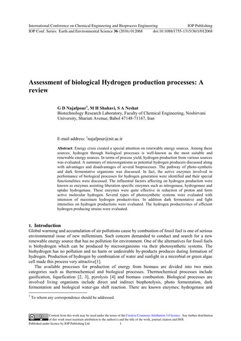 Pdf Assessment Of Biological Hydrogen Production Processes A Review