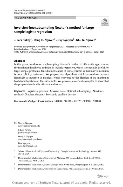 inversion free subsampling newton s method for large sample logistic