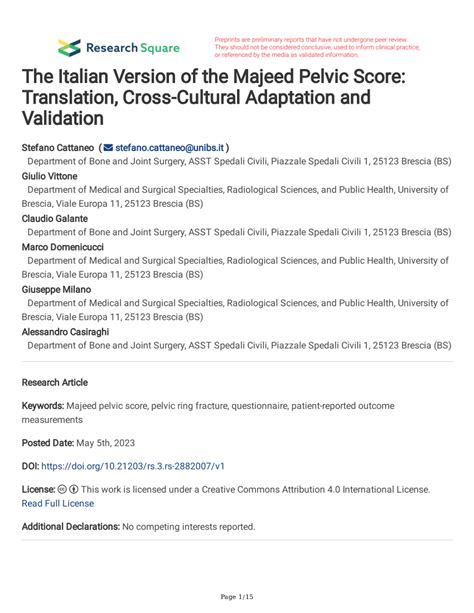 Pdf The Italian Version Of The Majeed Pelvic Score Translation Cross Cultural Adaptation And