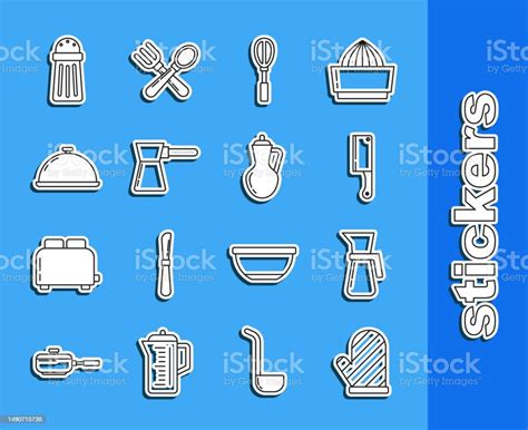 세트 라인 오븐 장갑 계량 컵 고기 다지기 주방 털 커피 터크 트레이 음식으로 덮여 있음 소금 및 병 올리브 오일 아이콘 벡터 가리기에 대한 스톡 벡터 아트 및 기타 이미지