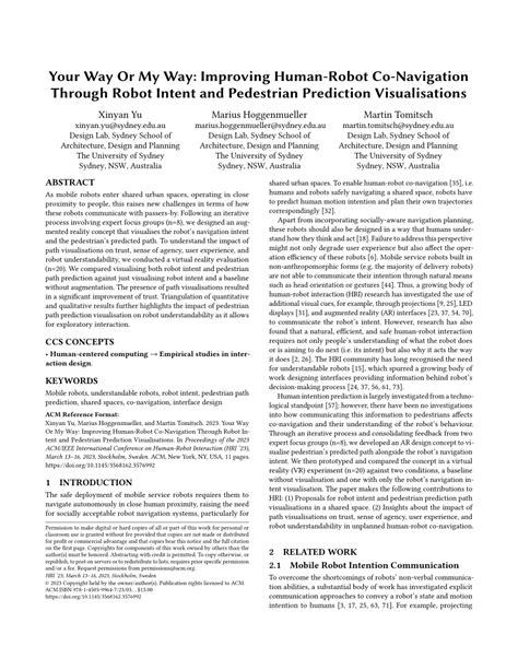 Pdf Your Way Or My Way Improving Human Robot Co Navigation Through Robot Intent And
