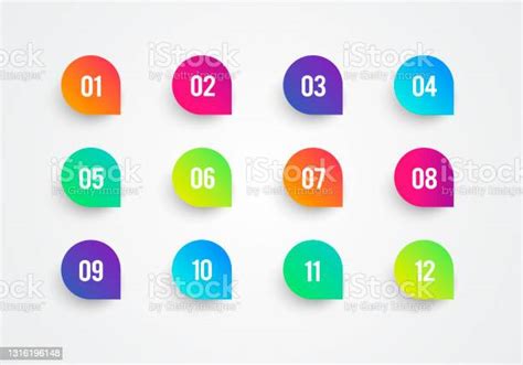 다채로운 그라데이션과 흰색 배경에 슈퍼 세트 화살표 글머리 기호 삼각형 플래그 숫자 1에서 12까지의 마커 현대 벡터 일러스트레이션 3차원 형태에 대한 스톡 벡터 아트 및