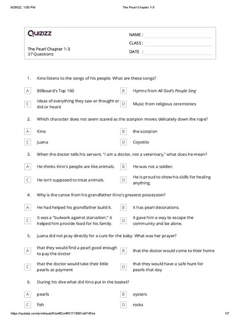 The Pearl Chapter 1 3 Quiz Pdf