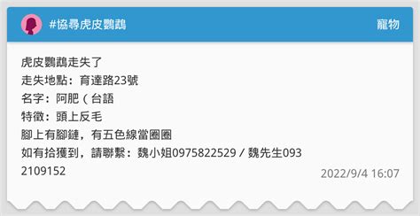 協尋虎皮鸚鵡 寵物板 Dcard