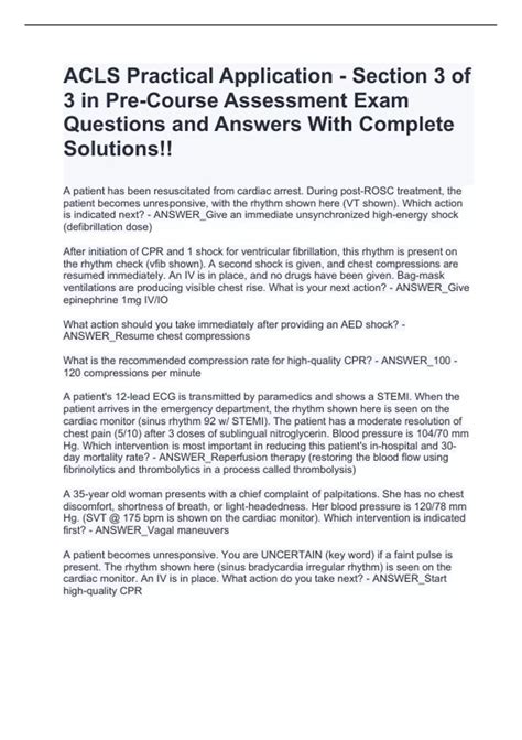 Acls Practical Application Section 3 Of 3 In Pre Course Assessment Exam Questions And Answers