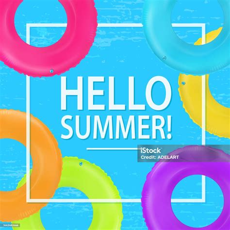수영 반지 프레임입니다 여름 포스터 팽창식 고무 장난감 화려한 벡터 휴가 배경입니다 바다 바다 수영장을위한 최고 전망 수영 반지 튜브 공기 주입에 대한 스톡 벡터 아트 및