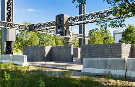 콘크리트가 있는 3d 프린팅 단독 주택 현대 Cnc 기계를 사용하는 신기술 주택 건물 콘크리트에 대한 스톡 사진 및 기타 이미지 콘크리트 건설 산업 3차원 인쇄