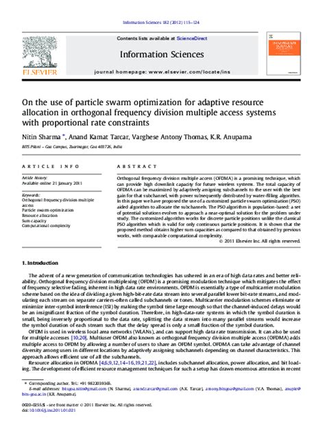 Pdf On The Use Of Particle Swarm Optimization For Adaptive Resource Allocation In Orthogonal