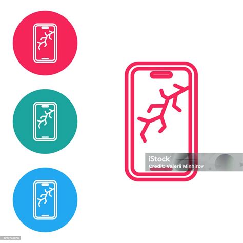 흰색 배경에 격리 된 깨진 화면 아이콘과 레드 라인 스마트 폰 부서진 전화 화면 아이콘 원 버튼에 아이콘을 설정합니다 벡터 개념에 대한 스톡 벡터 아트 및 기타 이미지