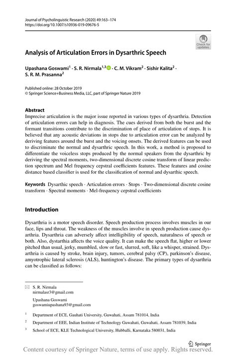 Analysis Of Articulation Errors In Dysarthric Speech Request Pdf