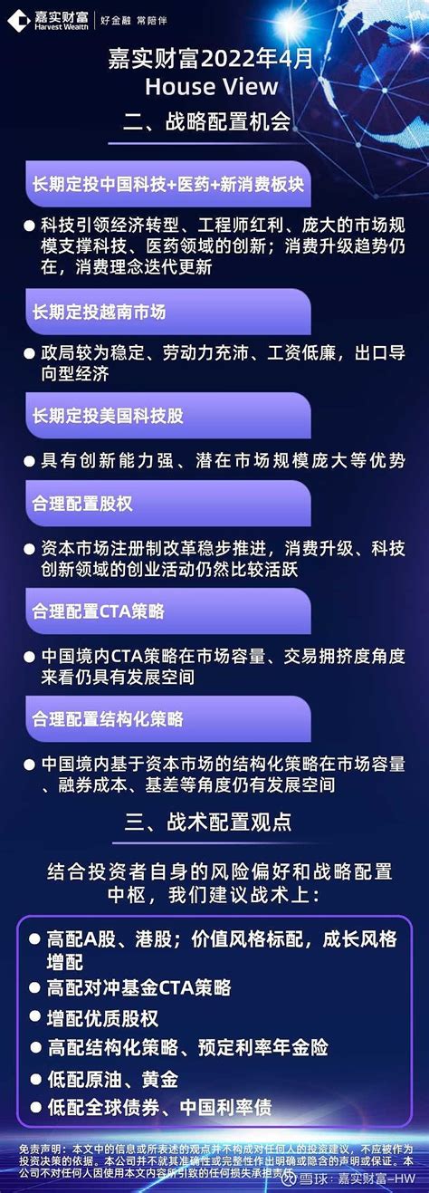嘉实财富2022年4月house View：攻守兼备的基础上适当积极 重要声明 本文中的信息或所表述的观点并不构成对任何人的投资建议，也没有
