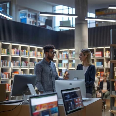 A Man And Woman Are Standing In Front Of A Computer Screen Premium Ai