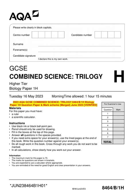 2023 Aqa Gcse Combined Science Trilogy 8464 B 1h Biology Paper 1h Question Paper And Mark Scheme