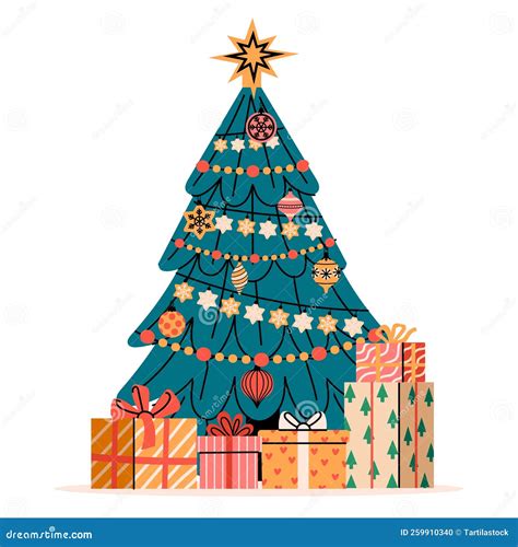 árbol De Navidad Con Regalos Pino Decorado Con Cajas De Regalo Fir De Dibujos Animados Con