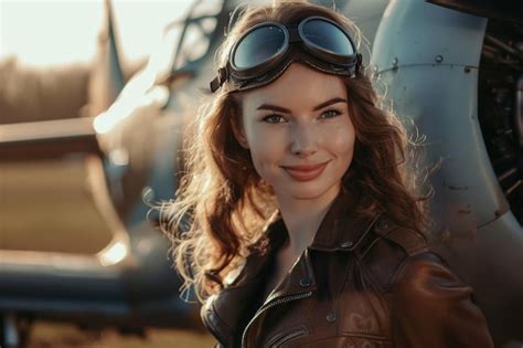 Confident Female Pilot In Aviator Goggles And Leather Jacket Premium Ai Generated Image