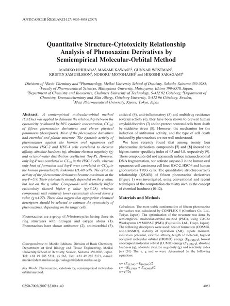 Pdf Quantitative Structure Cytotoxicity Relationship Analysis Of Phenoxazine Derivatives By