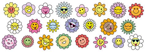 그루비 꽃 만화 캐릭터 60 년대 70 년대의 행복한 스티커 세트 눈과 미소를 가진 재미있는 행복한 데이지 귀여운 만화 캐릭터 꽃 식물에 대한 스톡 벡터 아트 및 기타