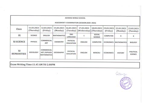 Class Ix And Xi Annual Exam Routine Session 2020 2021 Adamas Worldschool