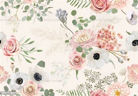 수채화 원활한 말미잘 장미 꽃 유칼립투스 잎 팜파 잔디 벡터 배경 봄 건조 꽃 패턴 웨딩 섬유 프린트 벽지 질감 배경에 대한 여름 보헤미안 디자인 꽃 식물에 대한 스톡 벡터
