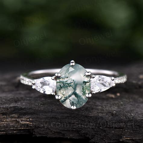 Oval Shaped Moss Agate Ring Vintage Moss Agate Engagement Ring White G