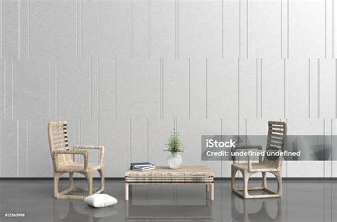 화이트 그레이 거실은 나무의 자 및 테이블 유리 화병 흰색 베개 청서 그리드 패턴 및 자연 빛의 반사와 함께 회색 시멘트 바닥은 흰색 시멘트 벽에 나무를 바탕으로 꾸며져