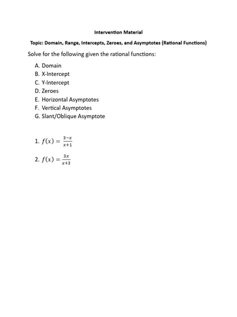 Intervention Material Domain Range Intercepts Zeroes And Asymptotes Rational Functions Pdf
