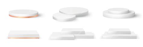 연단 현실적인 3d 렌더링 컬렉션입니다 원형 및 사각형 빈 단계 및 받침대 벡터 템플릿입니다 수상 지명 화장품 모형을 위한 계단 스탠드 스테이지 실린더 및