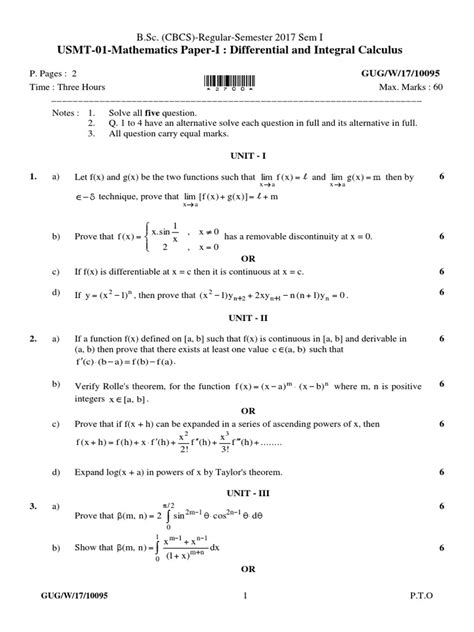 Year B Sc Cbcs Regular Semester 2017 Sem I Subject Usmt 01 Mathematics Paper I