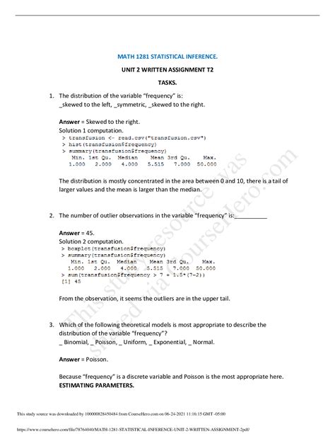 Math 1281 Statistical Inference Unit 2 Written Assignment 2pdf Questions With Correct Answers