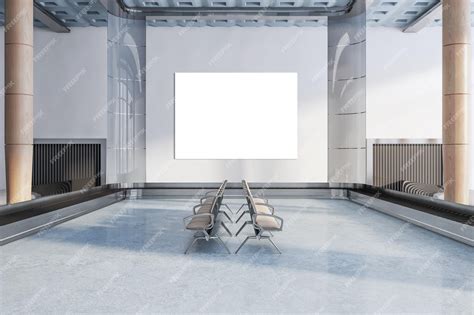 빈 흰색 모의 배너 좌석과 기둥 3d 렌더링이 있는 현대적인 공항 대기실 콘크리트 복도 내부 프리미엄 사진