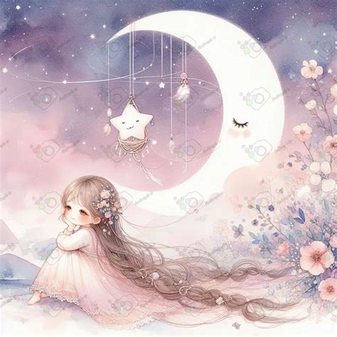بک گراند کودکانه دختر ناز غمگین با موهای بلند زیر نور ماه کد 41135ویژه