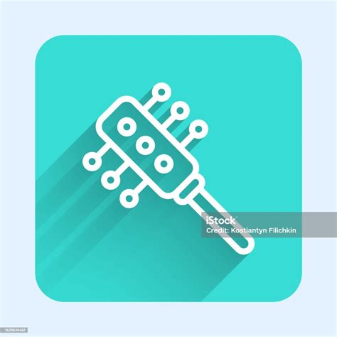 긴 그림자로 격리 된 흰색 라인 헤어 브러시 아이콘 빗 머리 기호 이발사 기호 녹색 정사각형 버튼입니다 벡터 3차원 형태에 대한