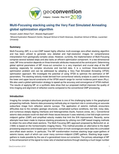 Pdf Multi Focusing Stacking Using The Very Fast Simulated Annealing Global Optimization Algorithm